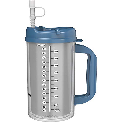 32 oz Double Walled Hospital Mug with Straw - Pearl Blue Lid and Handle - Mugs N Coffee