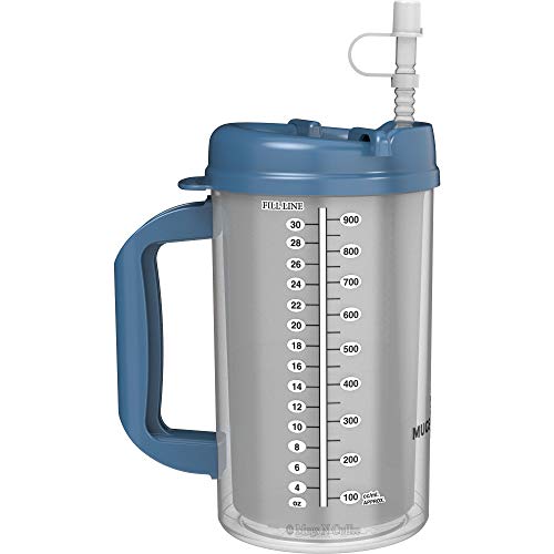 32 oz Double Walled Hospital Mug with Straw - Pearl Blue Lid and Handle - Mugs N Coffee