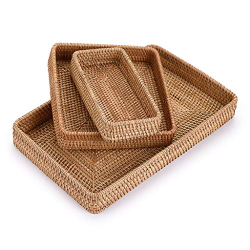 Hipiwe Large Rattan Serving Tray, Handwoven Wicker Basket Organizer Tray, Rectangle Tabletop Breakfast Drinks Snack Fruit Storage Platter Tray for Dining, Coffee, Home Decor (Set of 3)