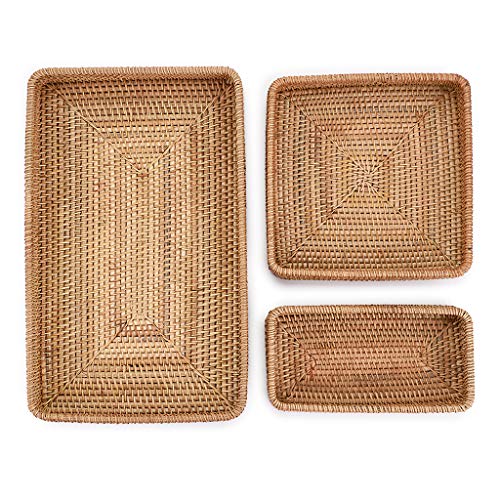 Hipiwe Large Rattan Serving Tray, Handwoven Wicker Basket Organizer Tray, Rectangle Tabletop Breakfast Drinks Snack Fruit Storage Platter Tray for Dining, Coffee, Home Decor (Set of 3)