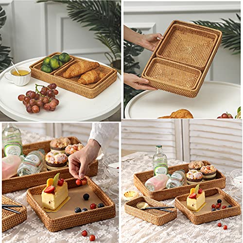 Hipiwe Large Rattan Serving Tray, Handwoven Wicker Basket Organizer Tray, Rectangle Tabletop Breakfast Drinks Snack Fruit Storage Platter Tray for Dining, Coffee, Home Decor (Set of 3)