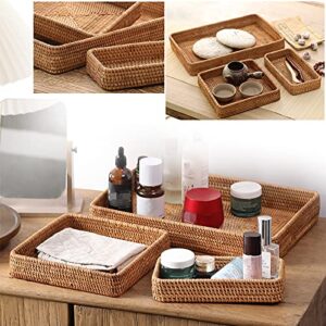 Hipiwe Large Rattan Serving Tray, Handwoven Wicker Basket Organizer Tray, Rectangle Tabletop Breakfast Drinks Snack Fruit Storage Platter Tray for Dining, Coffee, Home Decor (Set of 3)