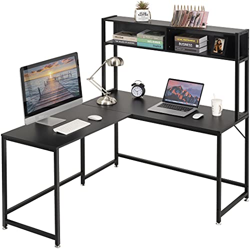 Becko US L Shaped Desk Computer Desk Corner Desk with Hutch Storage Shelves Modern Home Office Desk Writing Workstation for Home Office (Black)