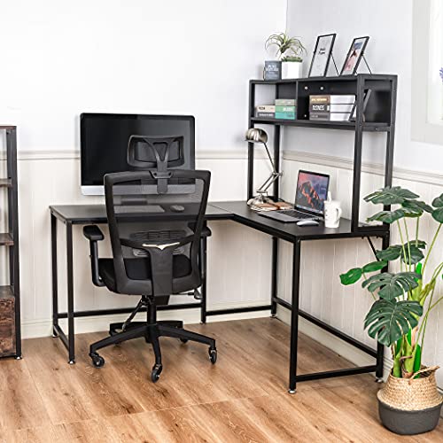 Becko US L Shaped Desk Computer Desk Corner Desk with Hutch Storage Shelves Modern Home Office Desk Writing Workstation for Home Office (Black)