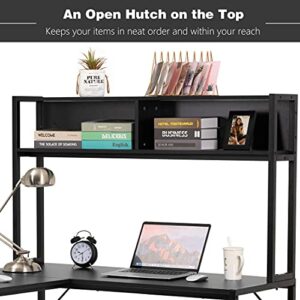 Becko US L Shaped Desk Computer Desk Corner Desk with Hutch Storage Shelves Modern Home Office Desk Writing Workstation for Home Office (Black)