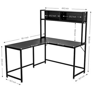 Becko US L Shaped Desk Computer Desk Corner Desk with Hutch Storage Shelves Modern Home Office Desk Writing Workstation for Home Office (Black)