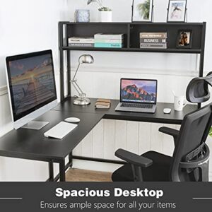 Becko US L Shaped Desk Computer Desk Corner Desk with Hutch Storage Shelves Modern Home Office Desk Writing Workstation for Home Office (Black)