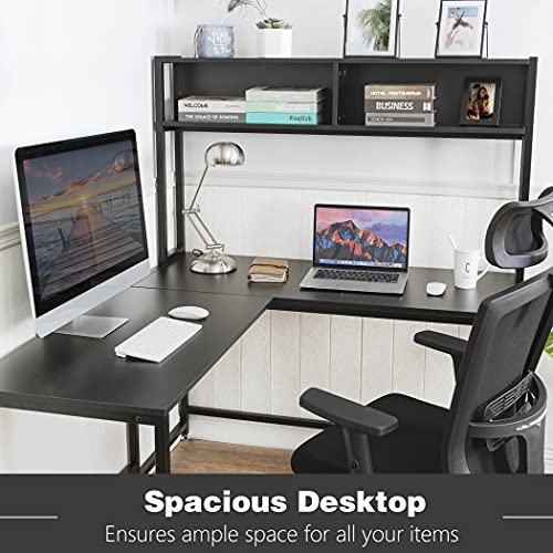 Becko US L Shaped Desk Computer Desk Corner Desk with Hutch Storage Shelves Modern Home Office Desk Writing Workstation for Home Office (Black)