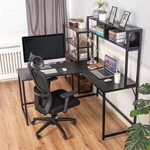 Becko US L Shaped Desk Computer Desk Corner Desk with Hutch Storage Shelves Modern Home Office Desk Writing Workstation for Home Office (Black)