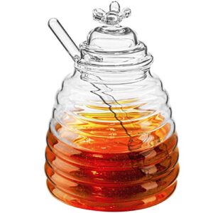 hedume honey jar with dipper and lid, honey bee pot, 17oz glass beehive honey pot for home kitchen