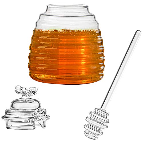 Hedume Honey Jar with Dipper and Lid, Honey Bee Pot, 17oz Glass Beehive Honey Pot for Home Kitchen