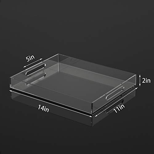 NIUBEE Acrylic Serving Tray 11x14 Inches -Spill Proof- Clear Decorative Tray Organiser for Ottoman Coffee Table Countertop with Handles