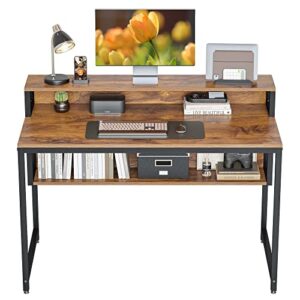 cubiker computer home office desk, 47" small desk table with storage shelf and bookshelf, study writing table modern simple style space saving design, dark rustic