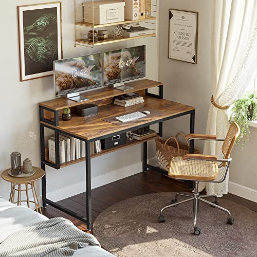 Cubiker Computer Home Office Desk, 47" Small Desk Table with Storage Shelf and Bookshelf, Study Writing Table Modern Simple Style Space Saving Design, Dark Rustic