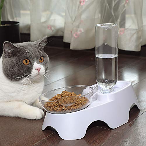 MILIFUN Double Dog Cat Bowls Pets Water and Food Bowl Set, Cat Bowls Food and Water with Automatic Waterer Bottle for Small or Medium Size Dogs Cats (White)