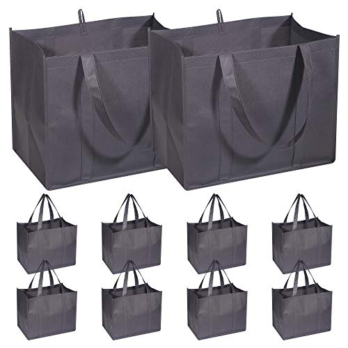 10 Pack Reusable Grocery Bags Extra Large Super Strong Heavy Duty Shopping Tote Bags with Reinforced Handles, Grey