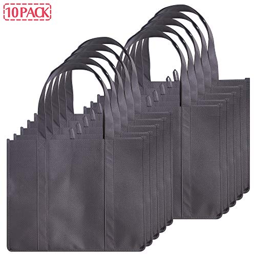 10 Pack Reusable Grocery Bags Extra Large Super Strong Heavy Duty Shopping Tote Bags with Reinforced Handles, Grey