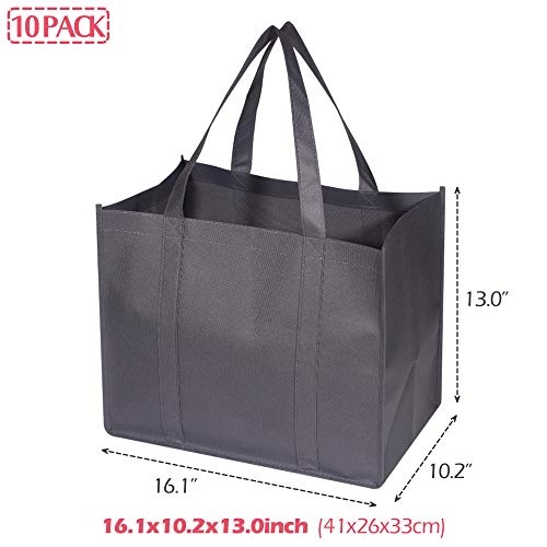 10 Pack Reusable Grocery Bags Extra Large Super Strong Heavy Duty Shopping Tote Bags with Reinforced Handles, Grey