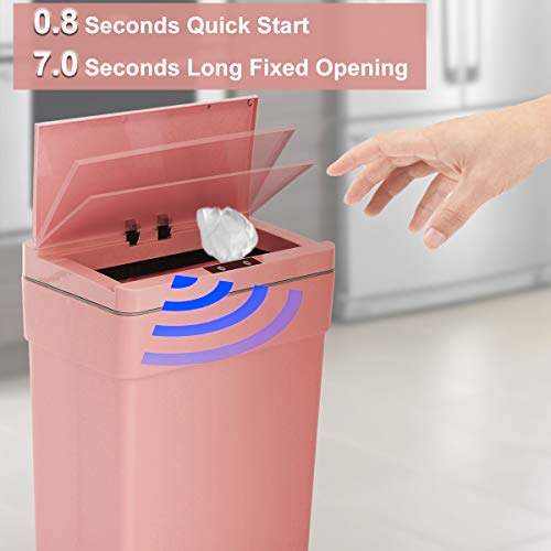 Automatic Kitchen Trash Can 13 Gallon Trash Can Bathroom Trash Can Stainless Steel Trash Can Anti-Fingerprint Touch Free Trash Can for Bathroom, Powder Room, Bedroom, Pink