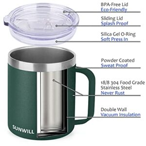 SUNWILL Coffee Mug with Handle, 14oz Insulated Stainless Steel Reusable Coffee Cup, Double Wall Coffee Travel Mug, Powder Coated Forest Green