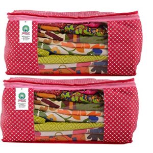 JaipurCrafts Quilted Polka Dots Cotton Saree Cover Set/Saree Storage Bag, Pink (40 x 30 x 20 cm)-Pack of 2