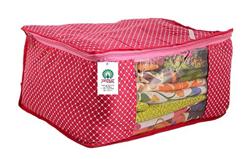 JaipurCrafts Quilted Polka Dots Cotton Saree Cover Set/Saree Storage Bag, Pink (40 x 30 x 20 cm)-Pack of 2