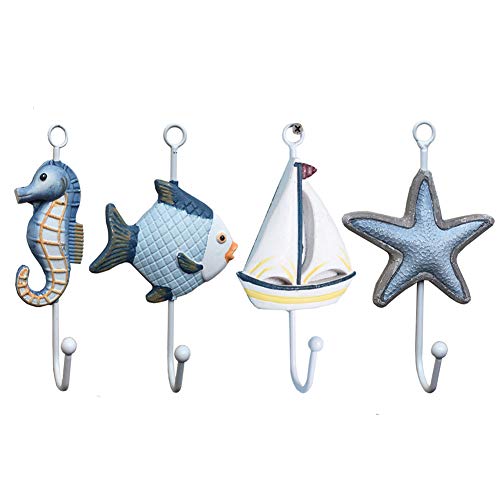 Kyien Set of 4 Beach Themed Wall Hooks Decorative Starfish Sailboat Fish Seahorse Hangers for Coat Towel Clothes