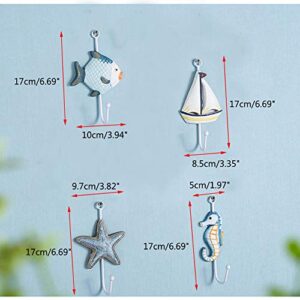 Kyien Set of 4 Beach Themed Wall Hooks Decorative Starfish Sailboat Fish Seahorse Hangers for Coat Towel Clothes