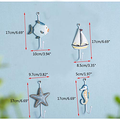 Kyien Set of 4 Beach Themed Wall Hooks Decorative Starfish Sailboat Fish Seahorse Hangers for Coat Towel Clothes