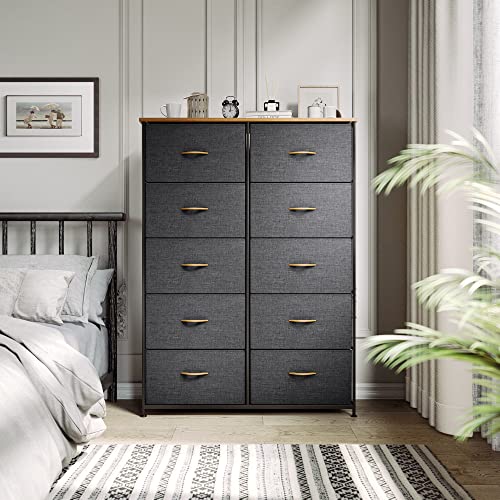 YITAHOME 10-Drawer Dresser, Fabric Storage Tower, Tall Dresser for Bedroom, Living Room, Hallway, Closets, Sturdy Steel Frame, Wooden Top, Easy Pull Fabric Bins