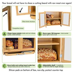 LuvURkitchen Large Bread Box for Kitchen countertop, Cutting Board, and Stainless Steel Bread Knife. Fully Adjustable shelf; bread storage container, wooden bread box, bread container, bread box large