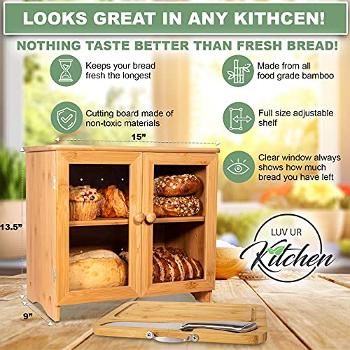 LuvURkitchen Large Bread Box for Kitchen countertop, Cutting Board, and Stainless Steel Bread Knife. Fully Adjustable shelf; bread storage container, wooden bread box, bread container, bread box large