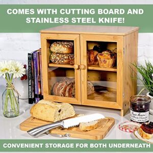 LuvURkitchen Large Bread Box for Kitchen countertop, Cutting Board, and Stainless Steel Bread Knife. Fully Adjustable shelf; bread storage container, wooden bread box, bread container, bread box large