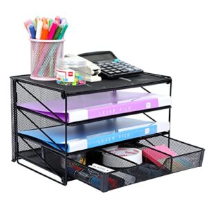 veesun paper letter tray organizer, mesh desk file organizer with 3 tier shelf sorter with drawer,black