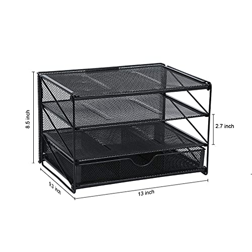 Veesun Paper Letter Tray Organizer, Mesh Desk File Organizer with 3 Tier Shelf Sorter with Drawer,Black