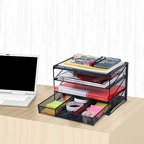 Veesun Paper Letter Tray Organizer, Mesh Desk File Organizer with 3 Tier Shelf Sorter with Drawer,Black