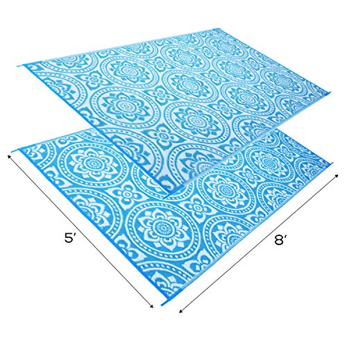 Stylish Camping 255083 5-feet by 8-feet Reversible Mat, Plastic Straw Rug, Large Floor Mat for Outdoors, RV, Patio, Backyard, Picnic, Beach, Camping - Leaf Mat (Turquoise/White)