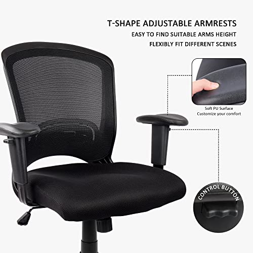 HYLONE Office Chair Computer Desk Chair Mesh Task Chair Swivel, Adjustable Arms, Lumbar Support, Adjustable Height, Rocking, Comfortable Rolling Mid-Back Home Office Desk Chair, Black