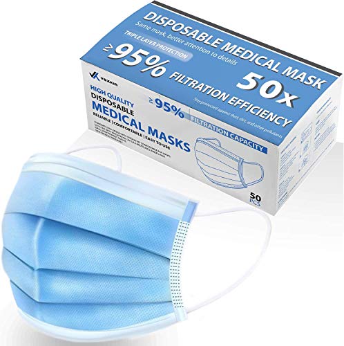 Voxkin Blue Disposable Medical Face Masks Pack of 50 - Lab Tested, 3 Ply Protection - Effective Filtration, Breathable Facial Masks with Earloop, Mouth & Nose Protection Dust Safety Masks