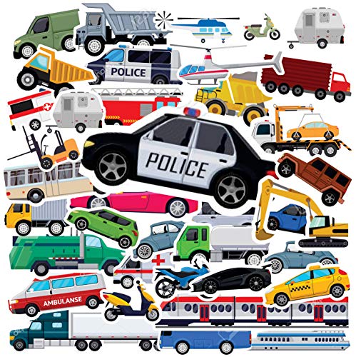 HK Studio Vehicle Stickers - Transportation Stickers with Cars, Train, Motorbike, Police Car, Fire Trucks, School Bus, Cranes and More