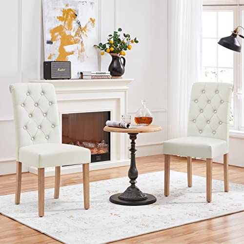 Topeakmart Dining Chair Living Room Chairs Tufted Dining Chair with Solid Wood Legs Restaurants Chairs Beige, 2pcs (Renewed)