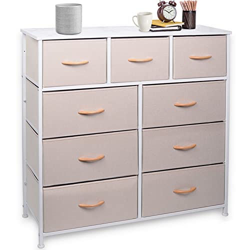 CERBIOR Wide Drawer Dresser Storage Organizer 9-Drawer Closet Shelves, Sturdy Steel Frame Marbling Wood Top with Easy Pull Fabric Bins for Clothing, Blankets (9-Cream Drawers)