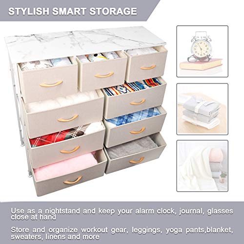 CERBIOR Wide Drawer Dresser Storage Organizer 9-Drawer Closet Shelves, Sturdy Steel Frame Marbling Wood Top with Easy Pull Fabric Bins for Clothing, Blankets (9-Cream Drawers)