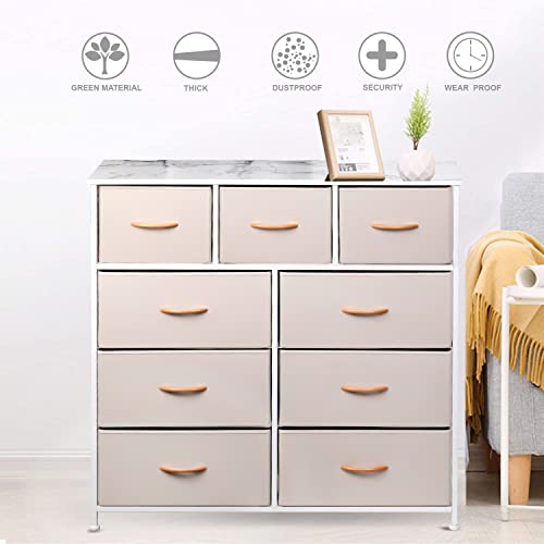 CERBIOR Wide Drawer Dresser Storage Organizer 9-Drawer Closet Shelves, Sturdy Steel Frame Marbling Wood Top with Easy Pull Fabric Bins for Clothing, Blankets (9-Cream Drawers)