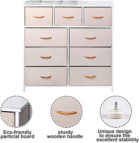 CERBIOR Wide Drawer Dresser Storage Organizer 9-Drawer Closet Shelves, Sturdy Steel Frame Marbling Wood Top with Easy Pull Fabric Bins for Clothing, Blankets (9-Cream Drawers)