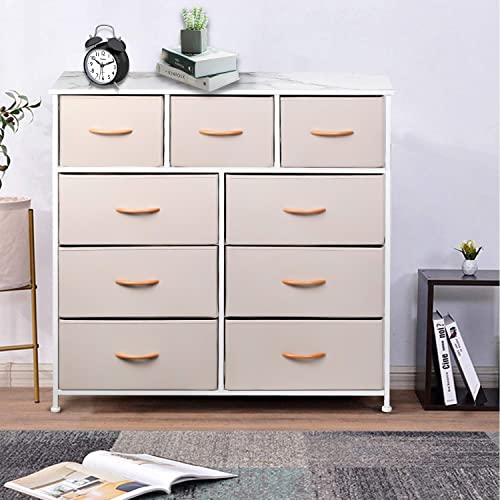 CERBIOR Wide Drawer Dresser Storage Organizer 9-Drawer Closet Shelves, Sturdy Steel Frame Marbling Wood Top with Easy Pull Fabric Bins for Clothing, Blankets (9-Cream Drawers)