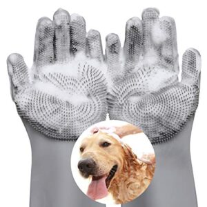 vavopaw magic pet grooming gloves, dog bathing shampoo gloves with high density teeth, heat resistant silicone pet hair remover brush for cat & dogs, gray