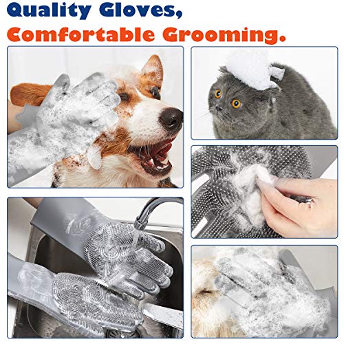 VavoPaw Magic Pet Grooming Gloves, Dog Bathing Shampoo Gloves with High Density Teeth, Heat Resistant Silicone Pet Hair Remover Brush for Cat & Dogs, Gray