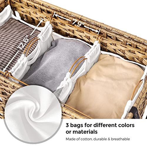 SONGMICS Laundry Hamper with Wheels & 3 Removable Liner Bags, 140L Synthetic Rattan Laundry Basket with Lid, Clothes Hamper with Handles, 3-Section Hampers, Laundry Room, Natural ULCB083N01