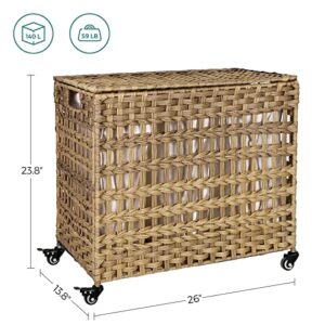 SONGMICS Laundry Hamper with Wheels & 3 Removable Liner Bags, 140L Synthetic Rattan Laundry Basket with Lid, Clothes Hamper with Handles, 3-Section Hampers, Laundry Room, Natural ULCB083N01